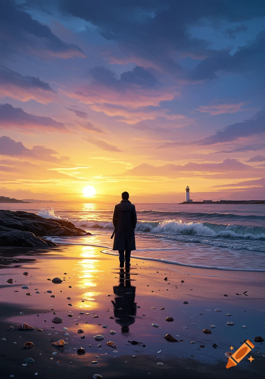 Two shirtless men row a canoe through clouds in the sky during a sunset ...