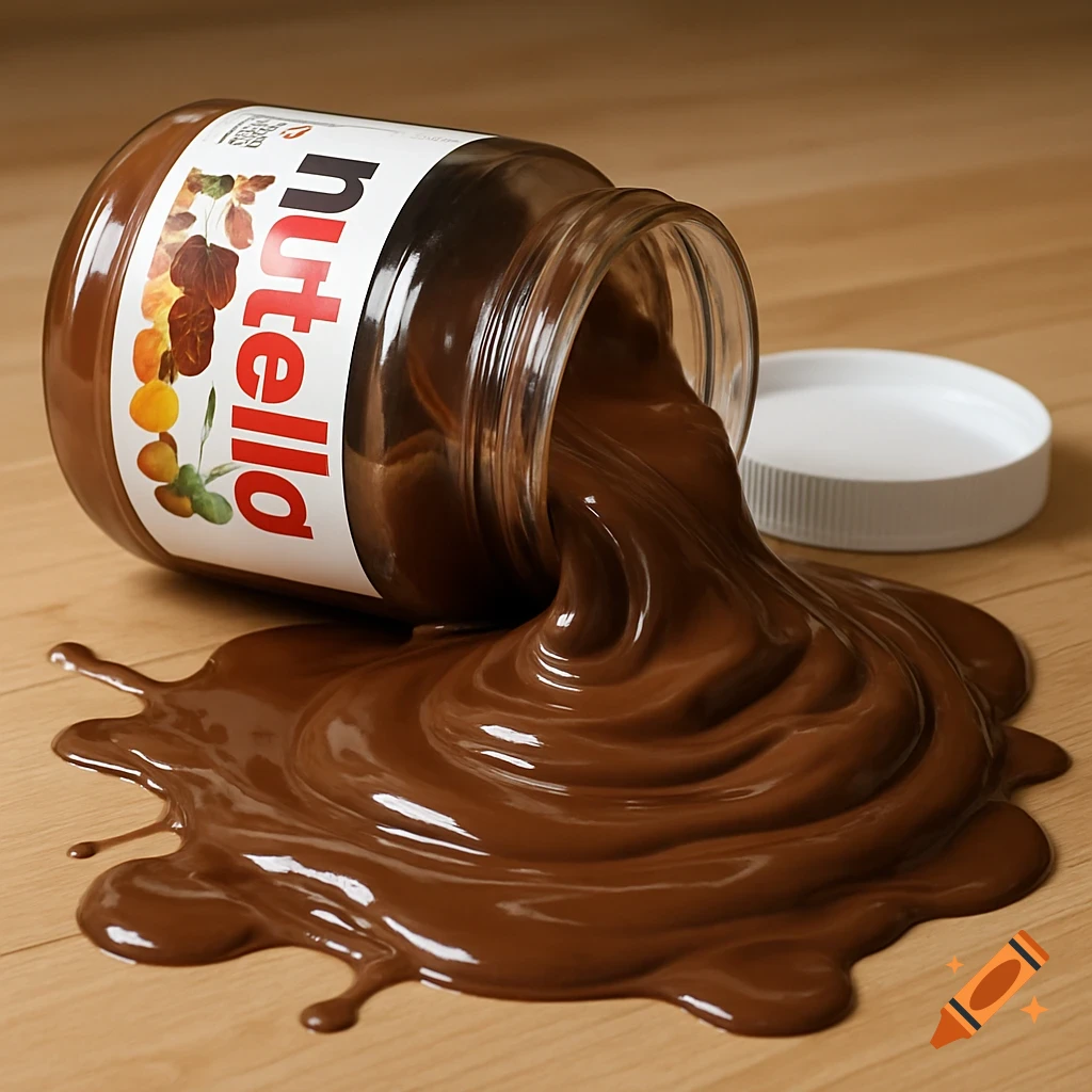 Photorealistic image of a Nutella jar tipped over on a wooden floor ...