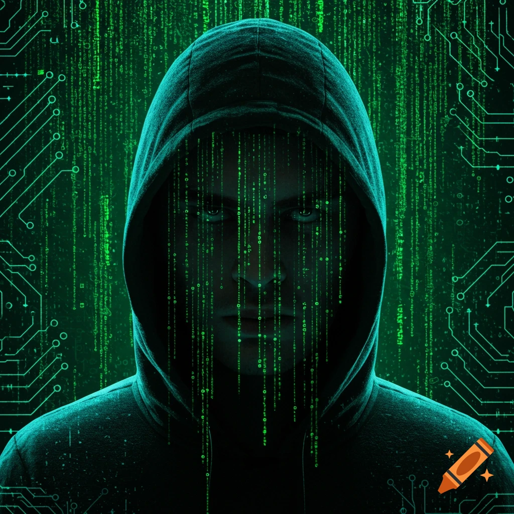 Hacker in a dark hoodie, face hidden by green binary code and digital ...