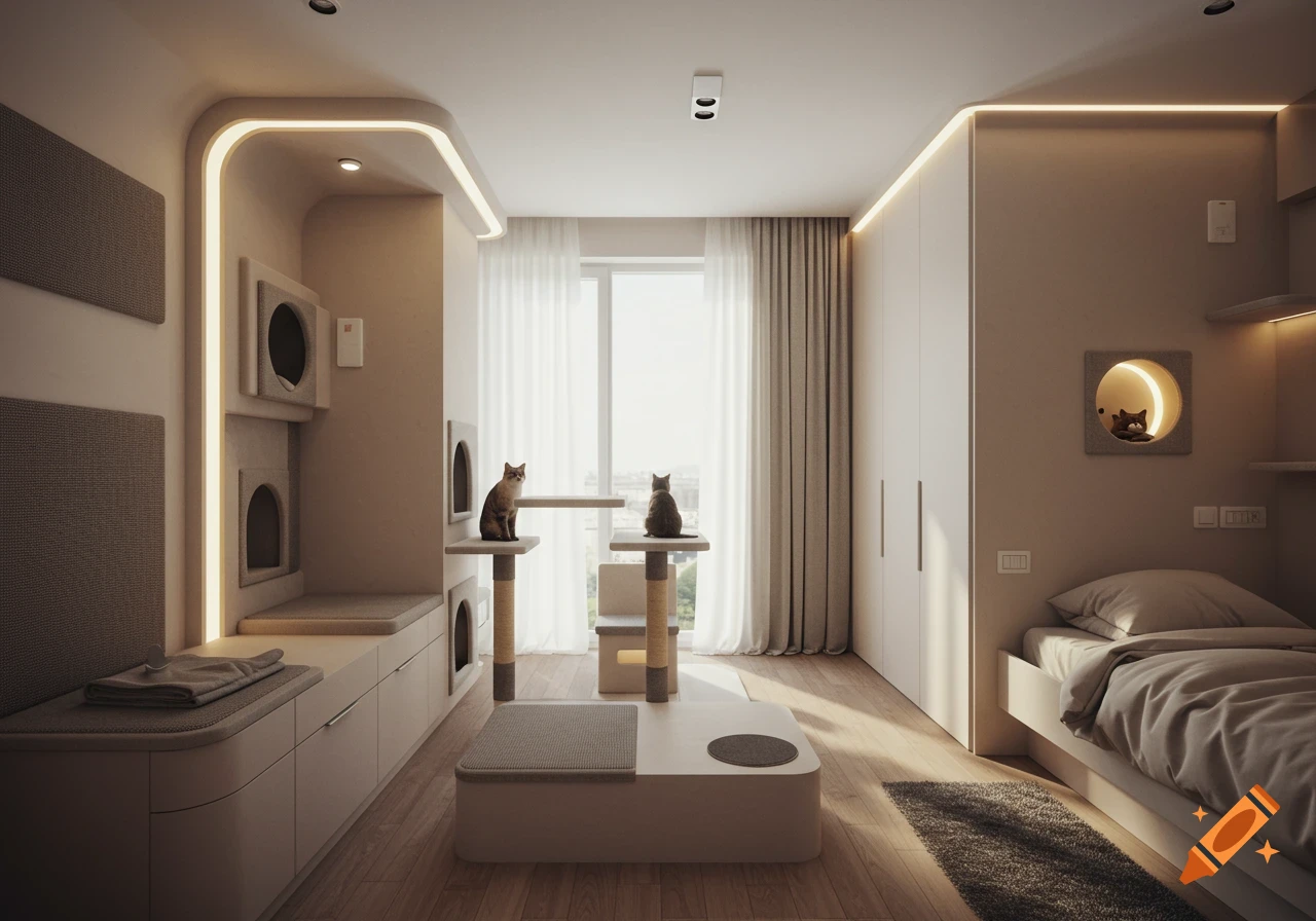 A modern, minimalist bedroom designed for cats, featuring integrated ...