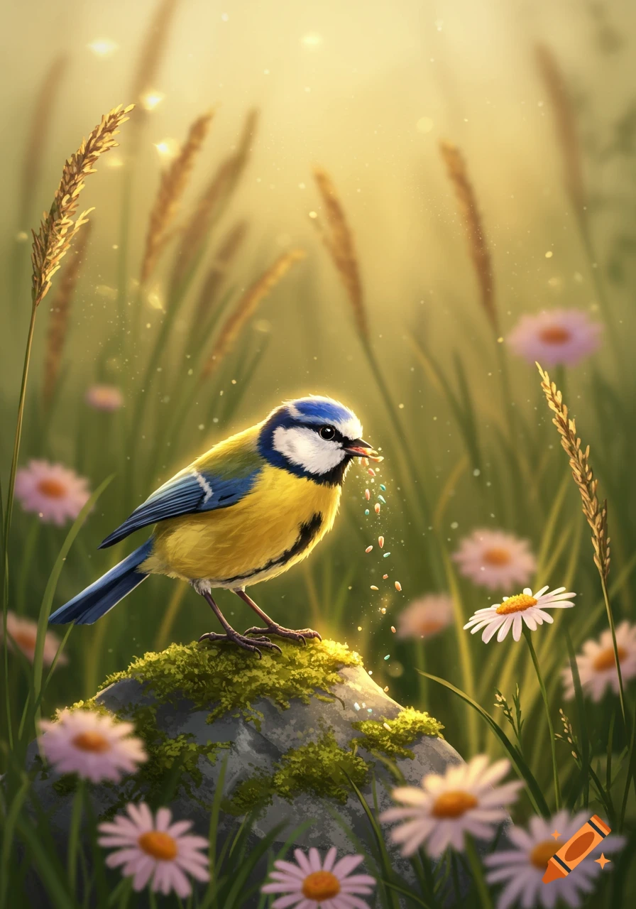 A blue bird with silver knight armor stands on a mossy rock in a sunlit ...