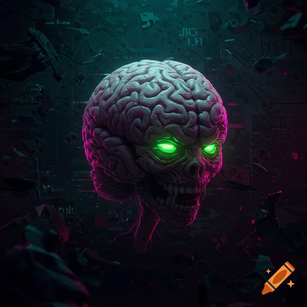 A dark digital art image of a creepy brain-skull creature with glowing ...