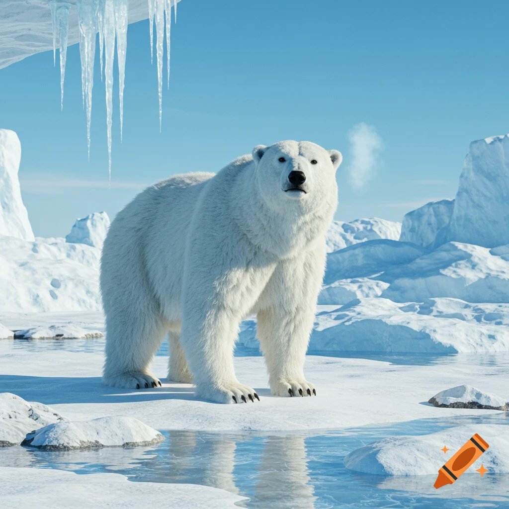 A photorealistic polar bear stands on an icy plain with water ...