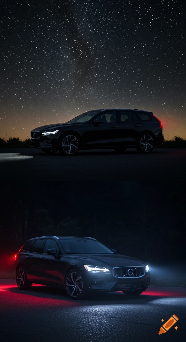 Two vertical night photos of a black Volvo V60 wagon. The top photo ...