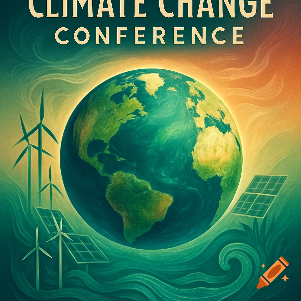 An artistic poster showing Earth, wind turbines, and solar panels with ...