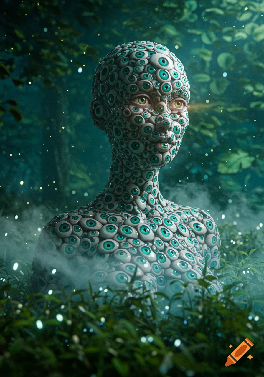 Surreal bust of a human-like figure covered entirely in numerous ...