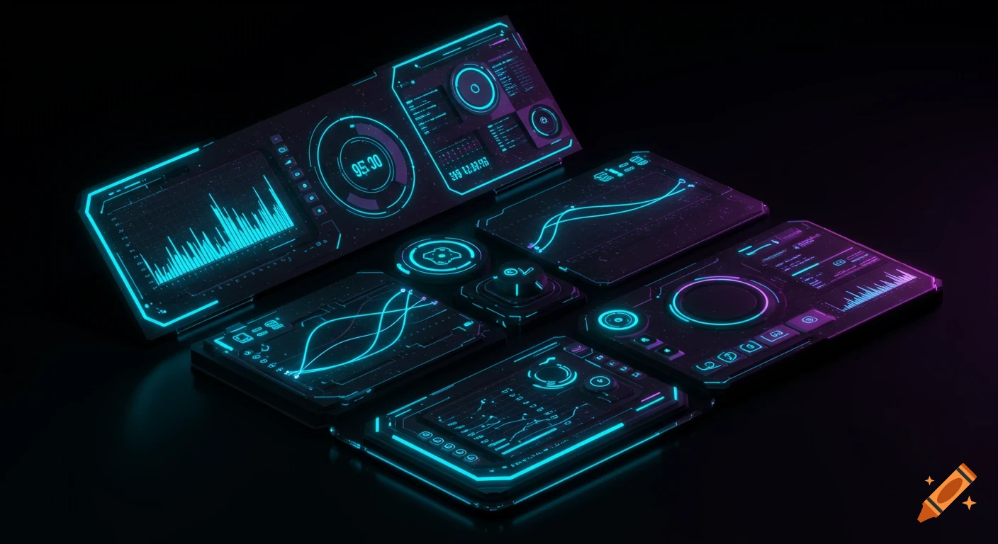 Close-up of a retro-futuristic, olive-green wrist device with a bright ...