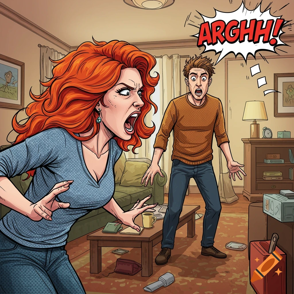 Comic illustration of an angry red-haired woman yelling at a surprised ...