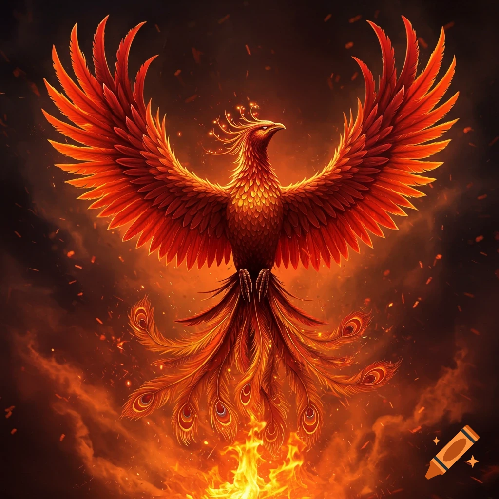 A majestic, vibrant phoenix with fiery red and orange feathers spreads ...