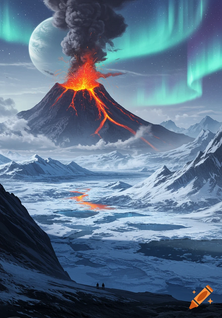 A dramatic view of an erupting volcano on an icy planet under a sky ...