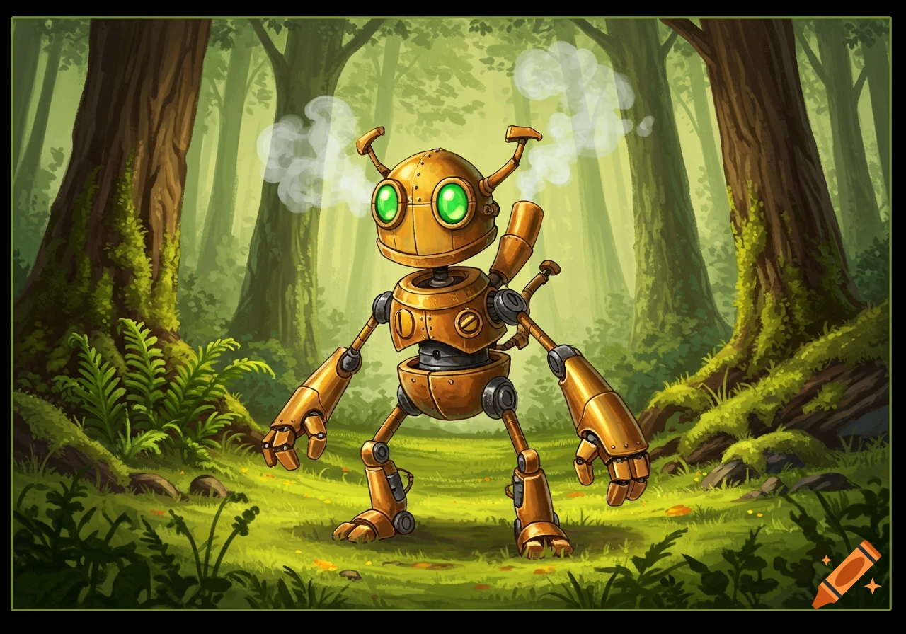 A steampunk-style golden robot with bright green eyes stands in a lush ...
