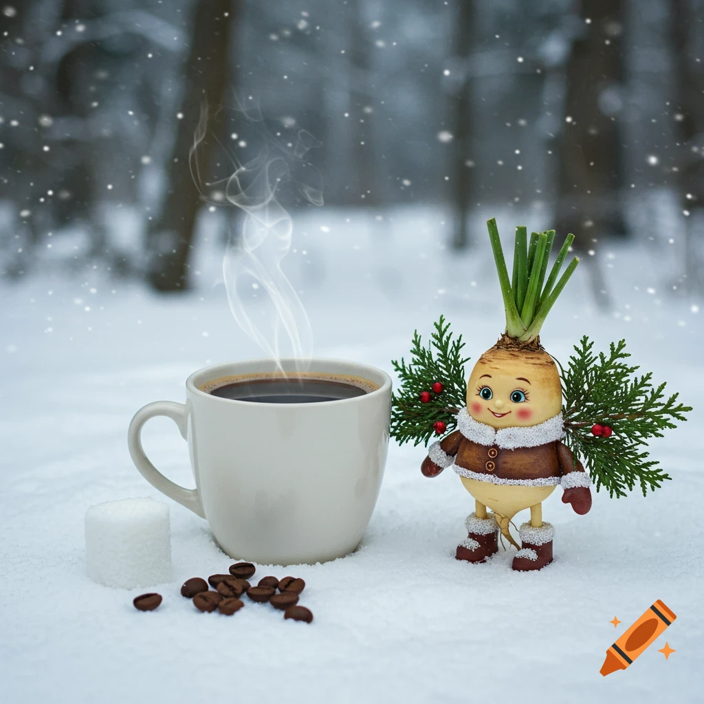 A cute root vegetable character in a winter coat stands next to a ...