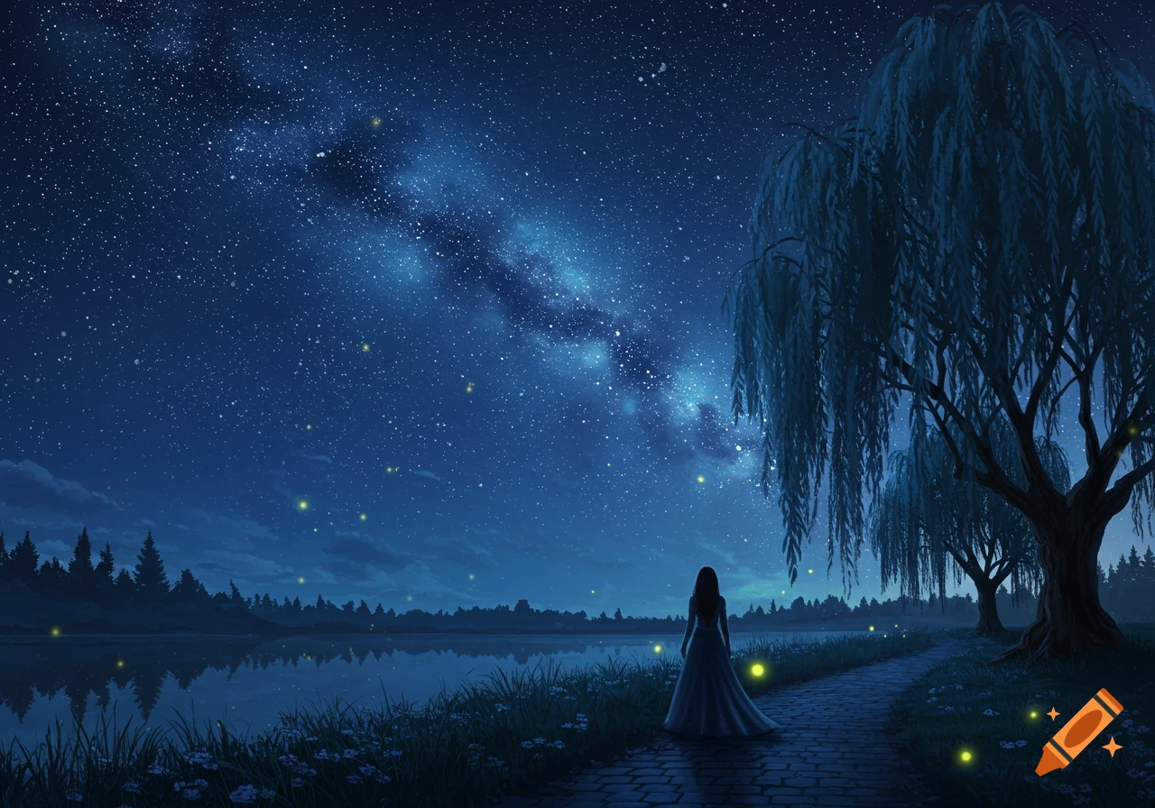 Digital art of a woman walking on a path by a lake under a starry night ...