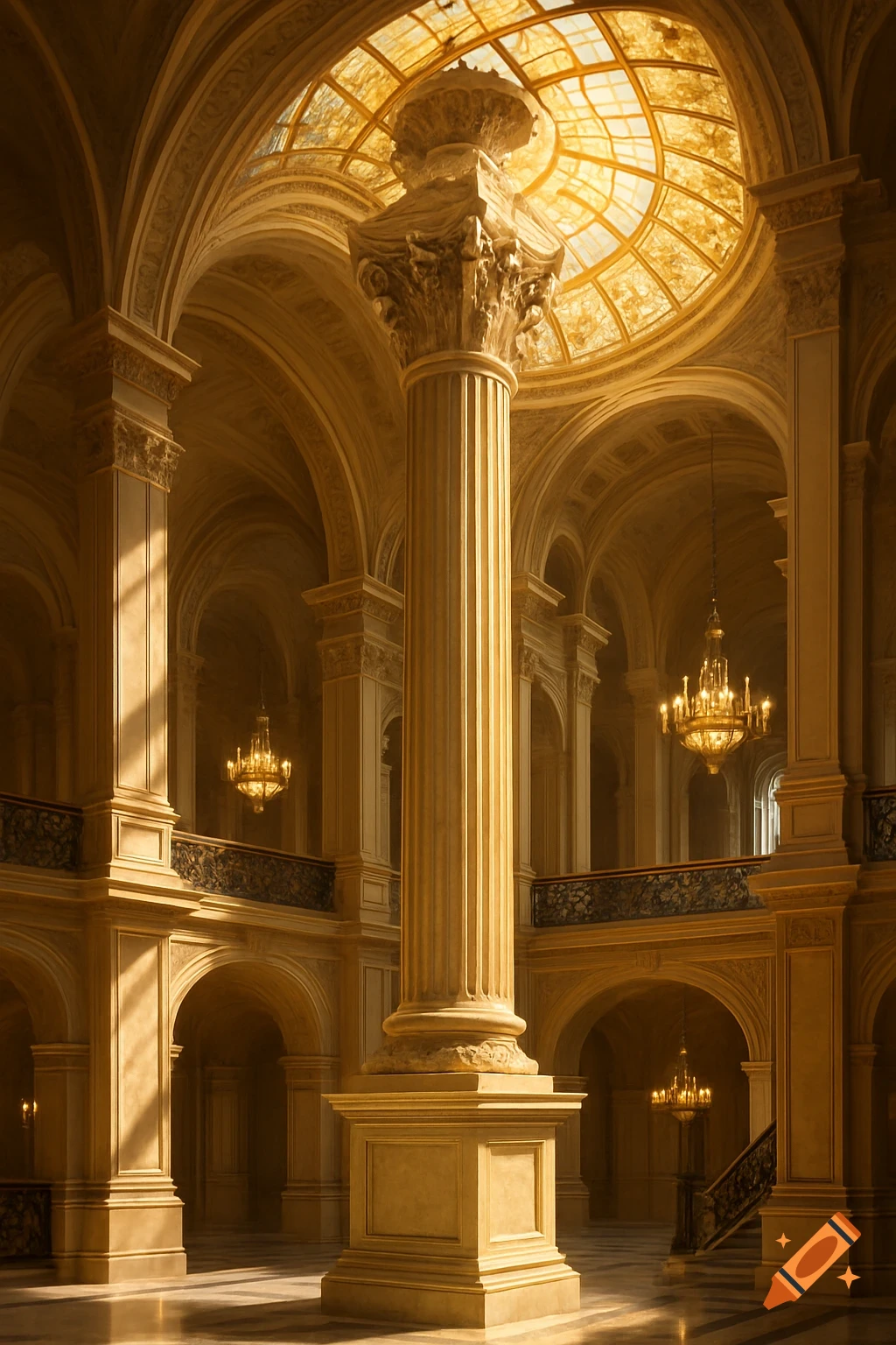 Grand spiral wooden staircase in a luxurious hall with an ornate ...