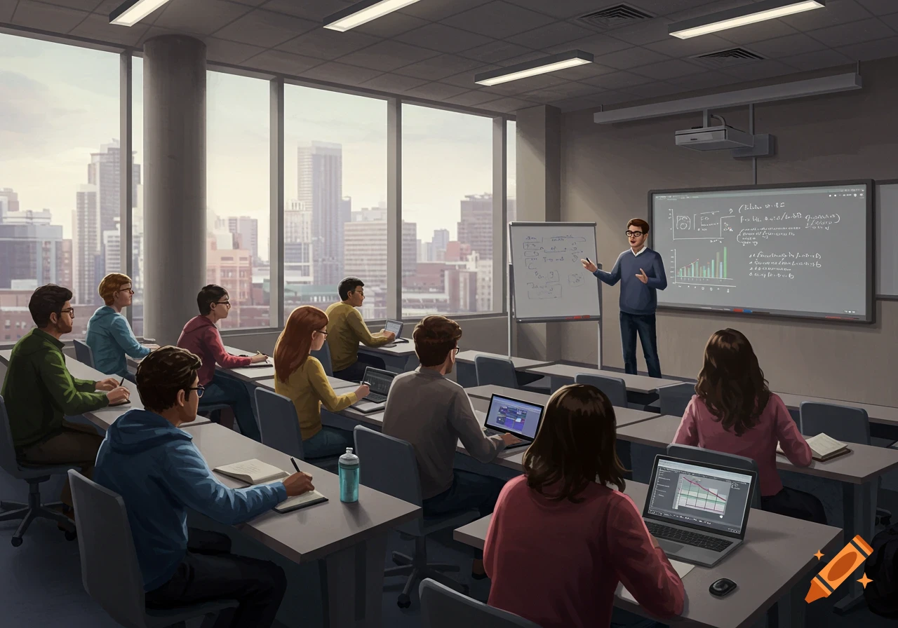 Photorealistic image of adults in a modern classroom, seated at ...