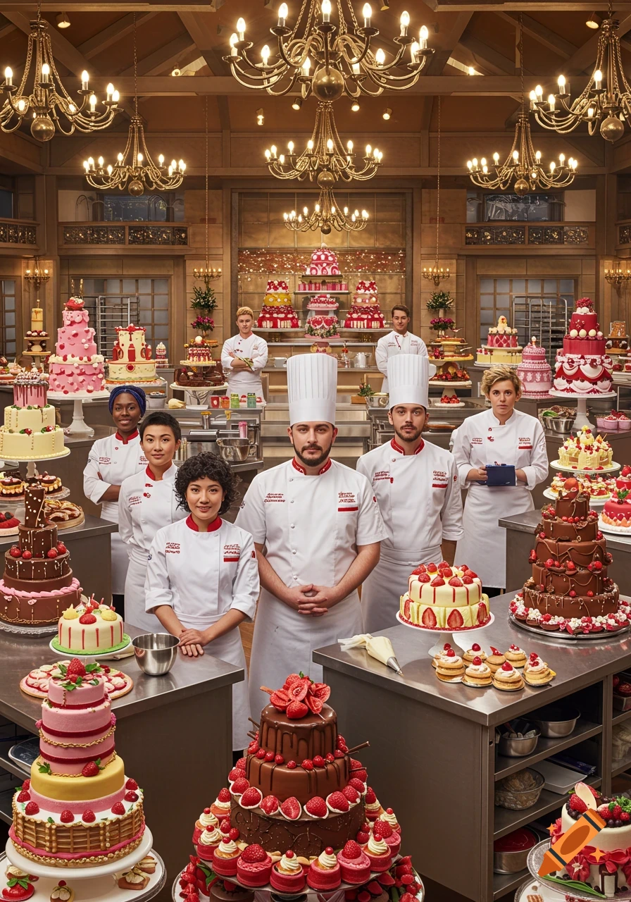 A group of chefs in white uniforms stand in a grand hall filled with ...