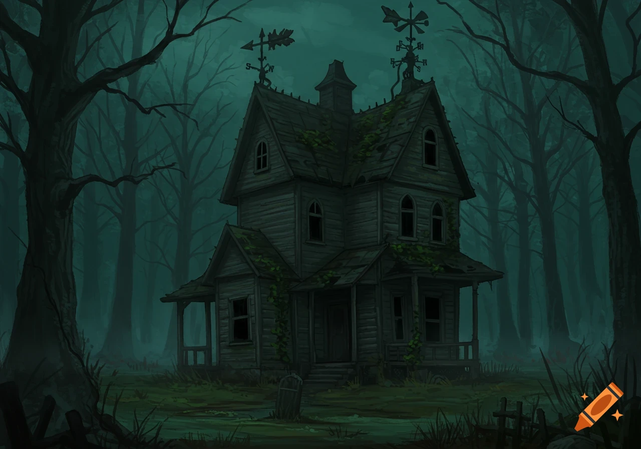 Watercolor painting of a moonlit, abandoned house covered in vines ...