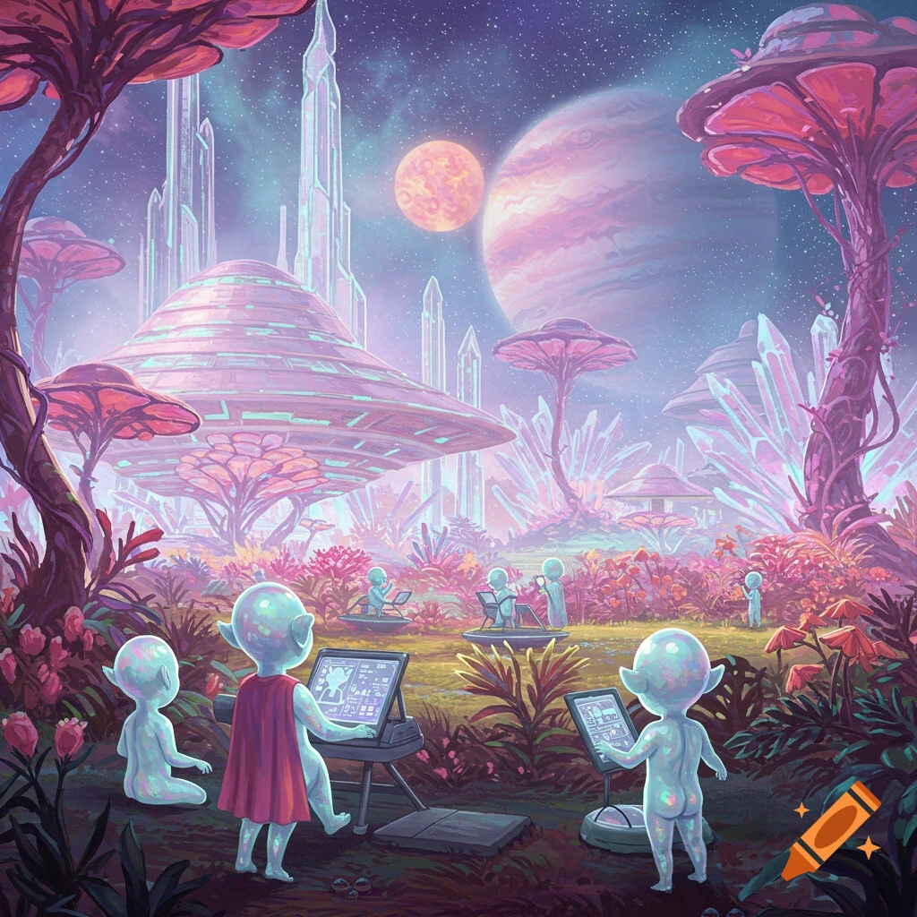 Small alien creatures interact with futuristic tech on a vibrant ...