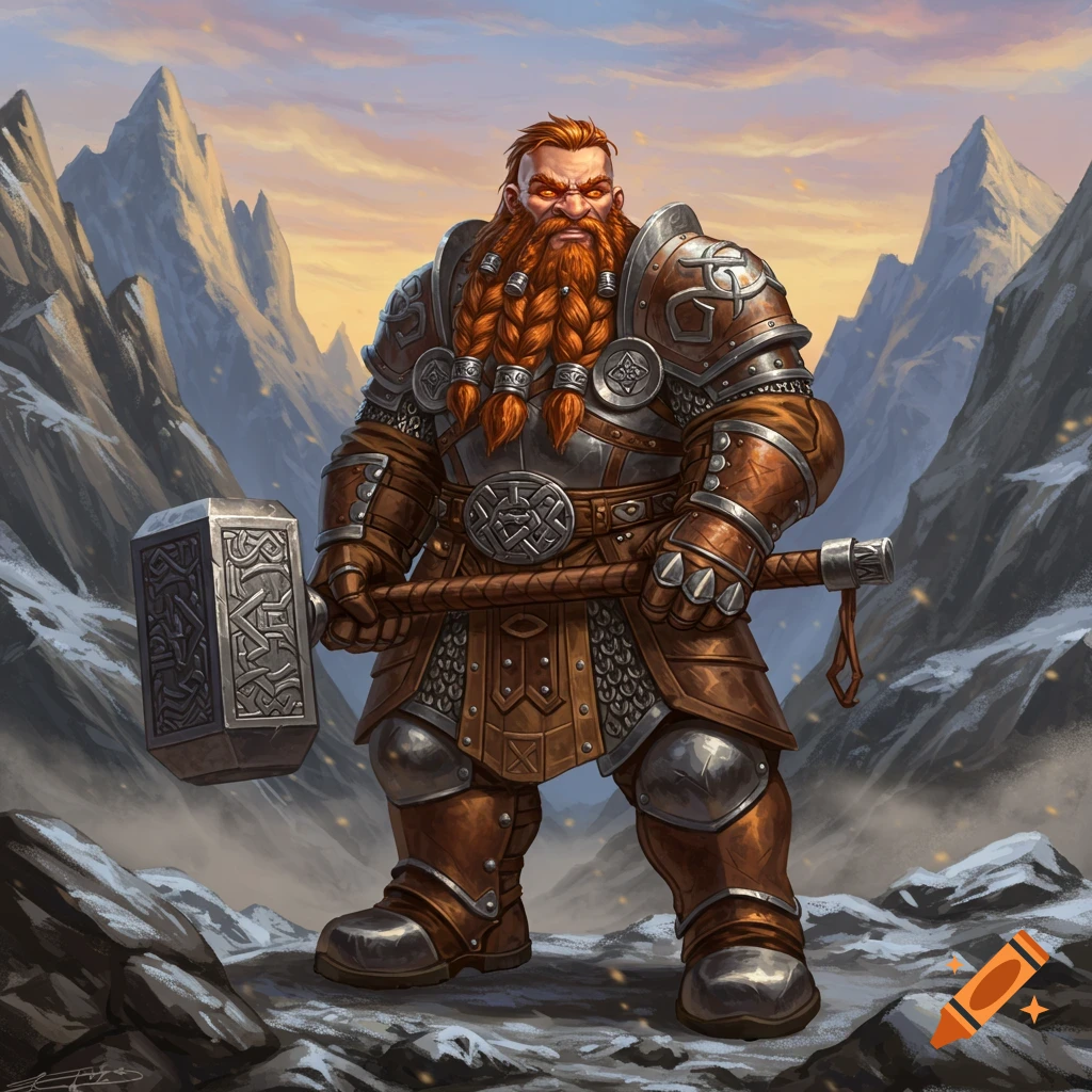 A muscular dwarven warrior with a braided red beard and mohawk, wearing ...