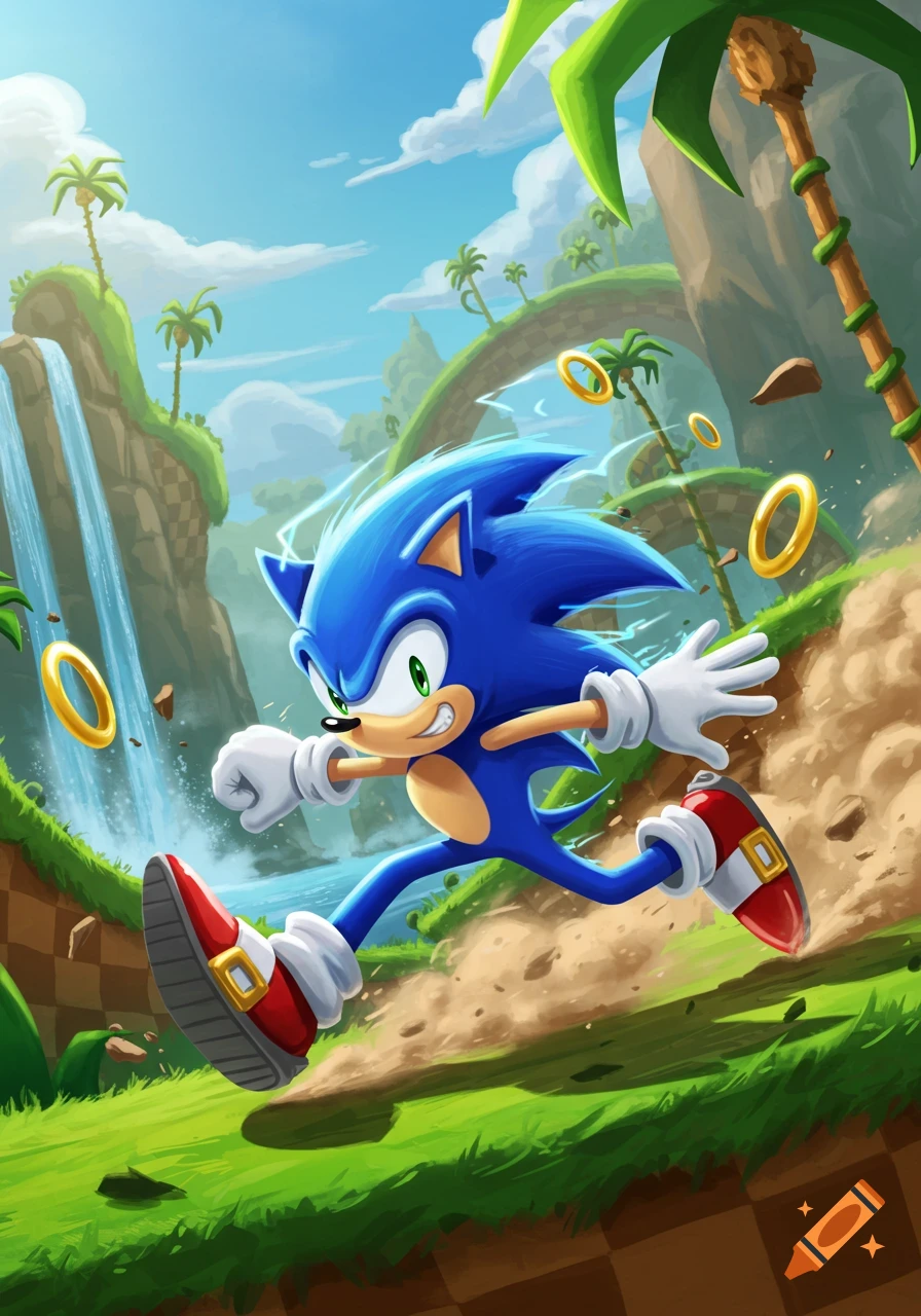Sonic the Hedgehog runs through a vibrant, grassy landscape with golden ...