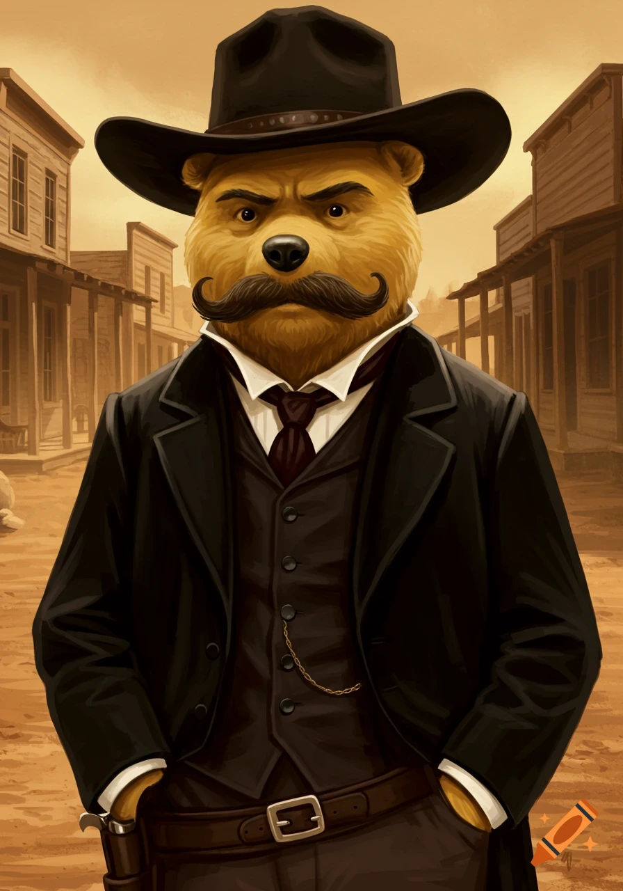 A serious anthropomorphic bear in a black cowboy suit, hat, and ...