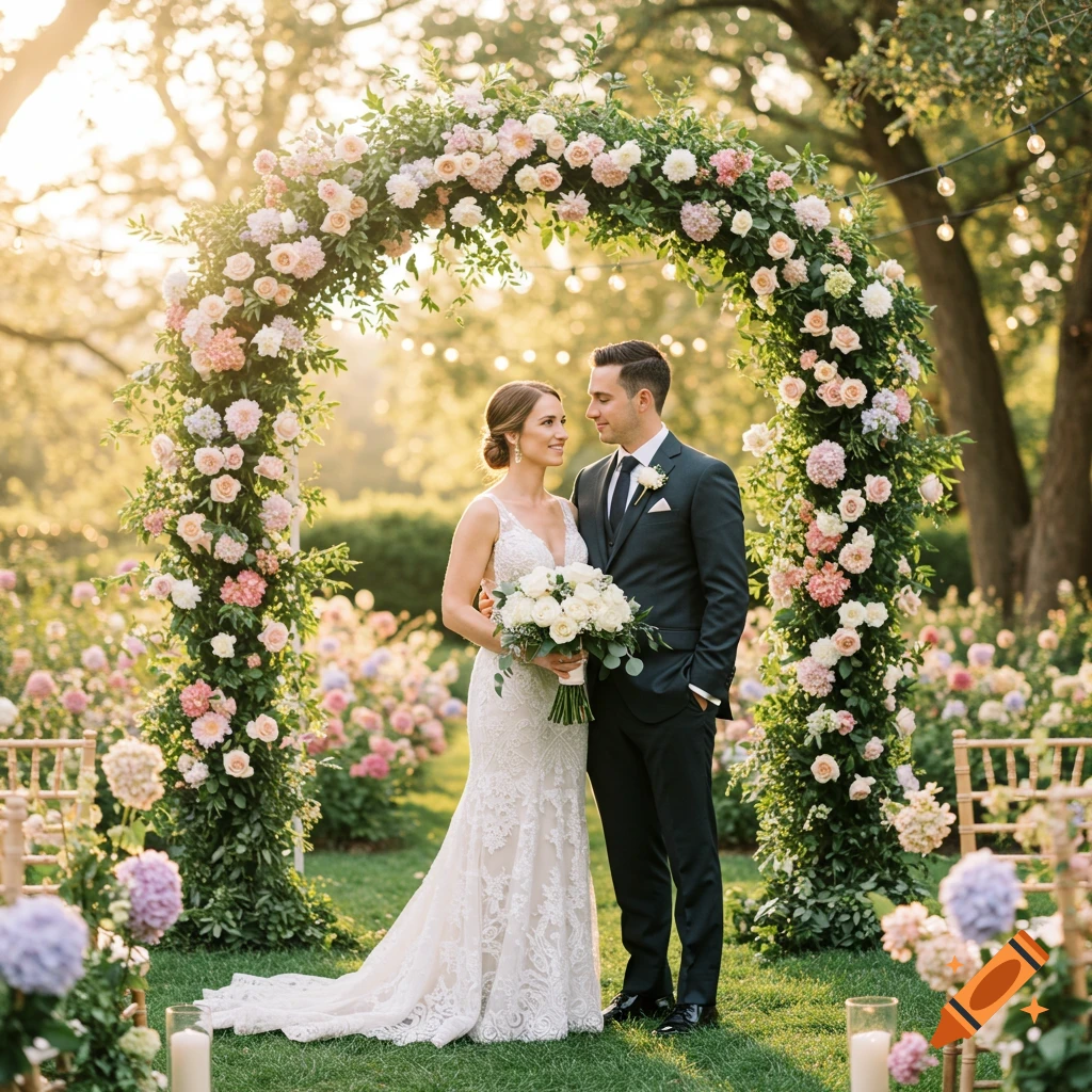 A bride and groom stand under a beautiful floral arch in a sunlit ...