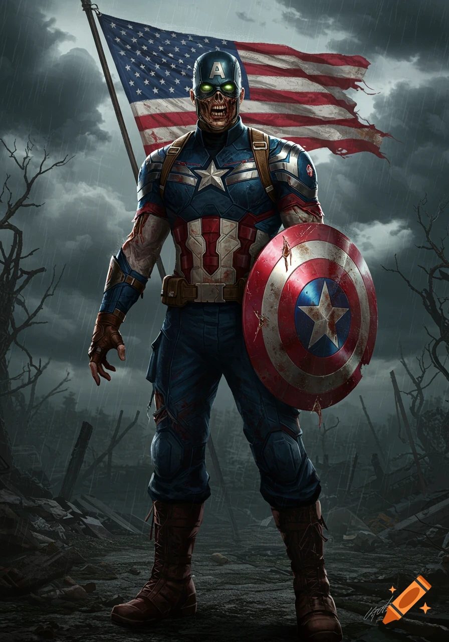 Captain America stands heroically with his shield, an American flag ...