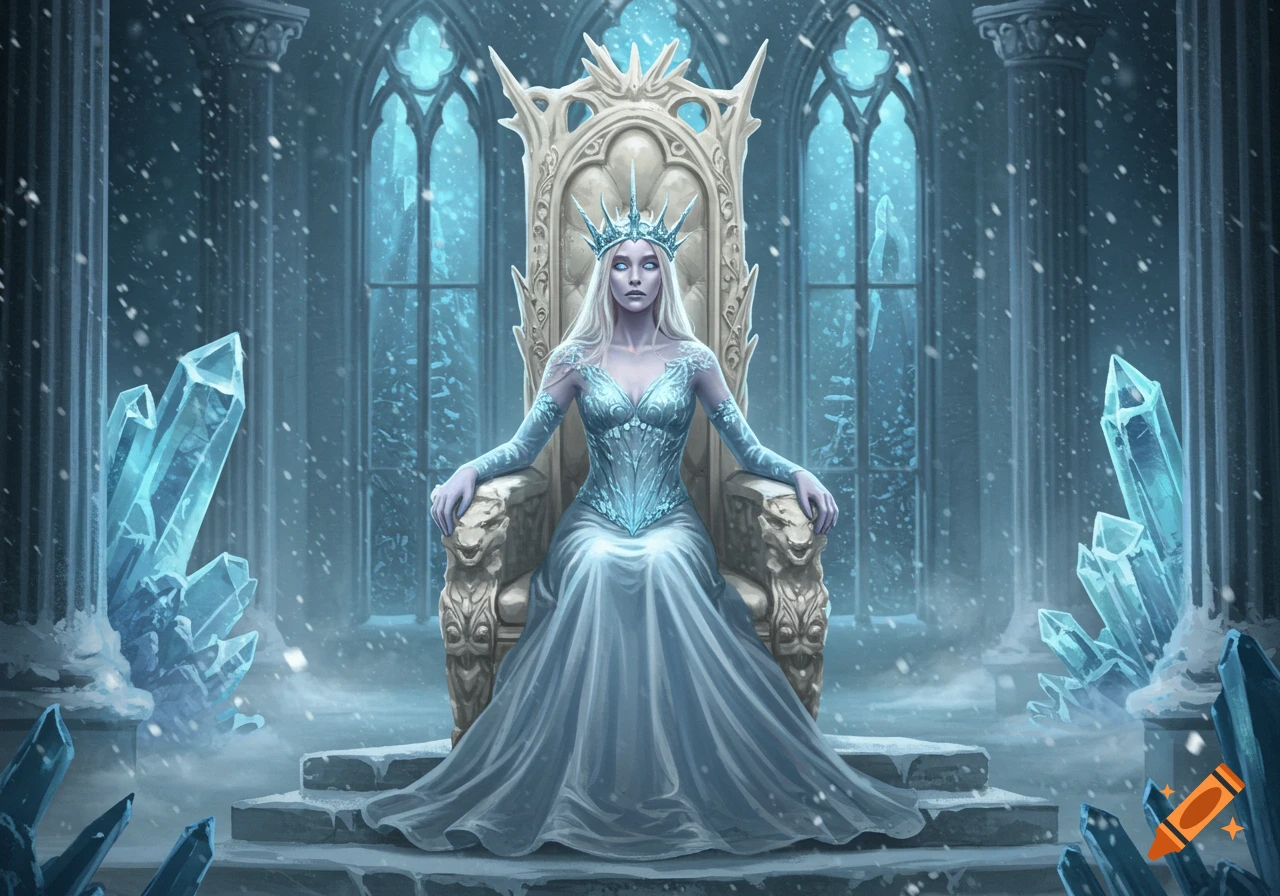 Hyper-realistic ice queen with silver hair and an elegant blue gown ...