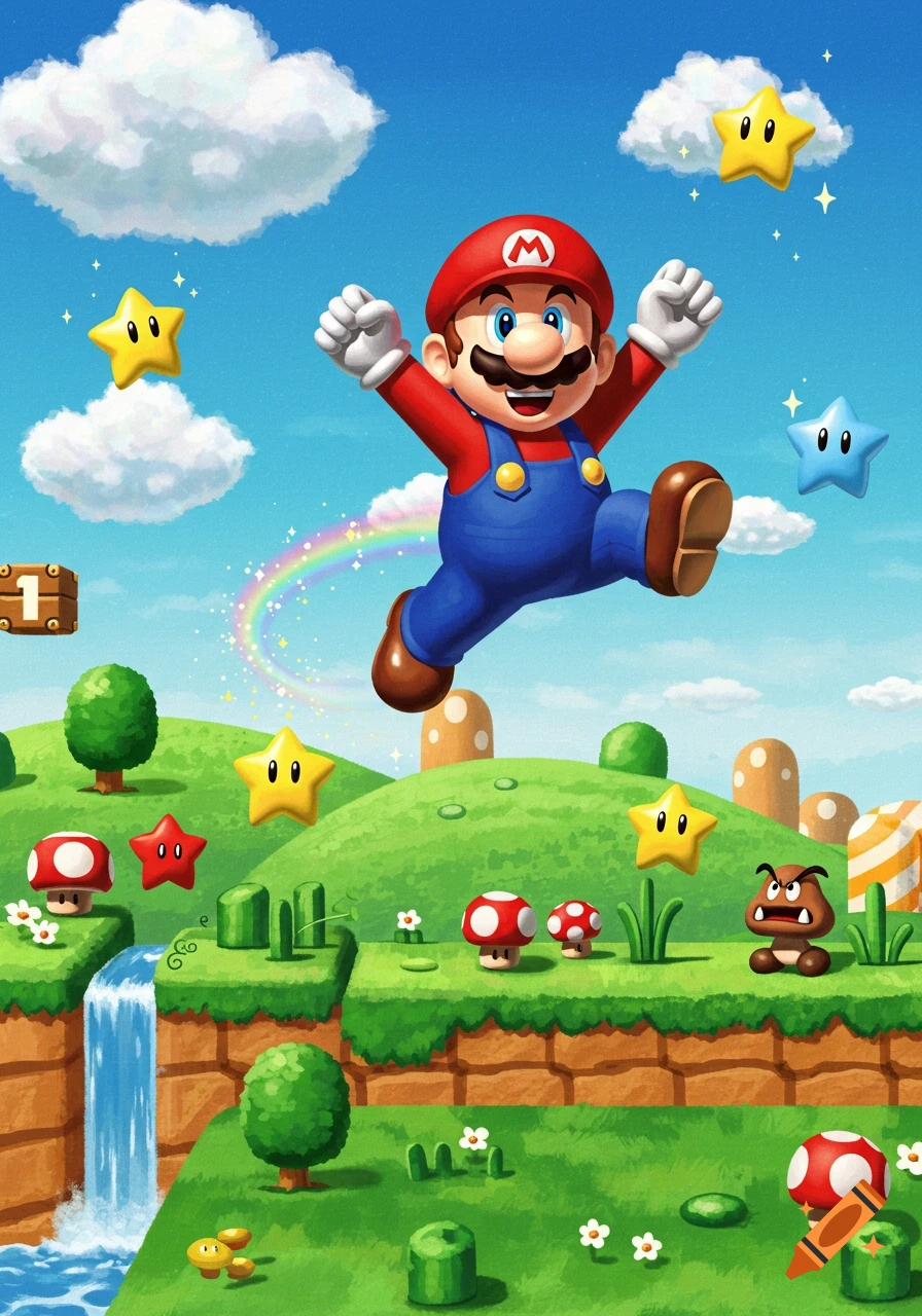 Vibrant Super Mario themed tattoo design featuring Mario jumping with ...