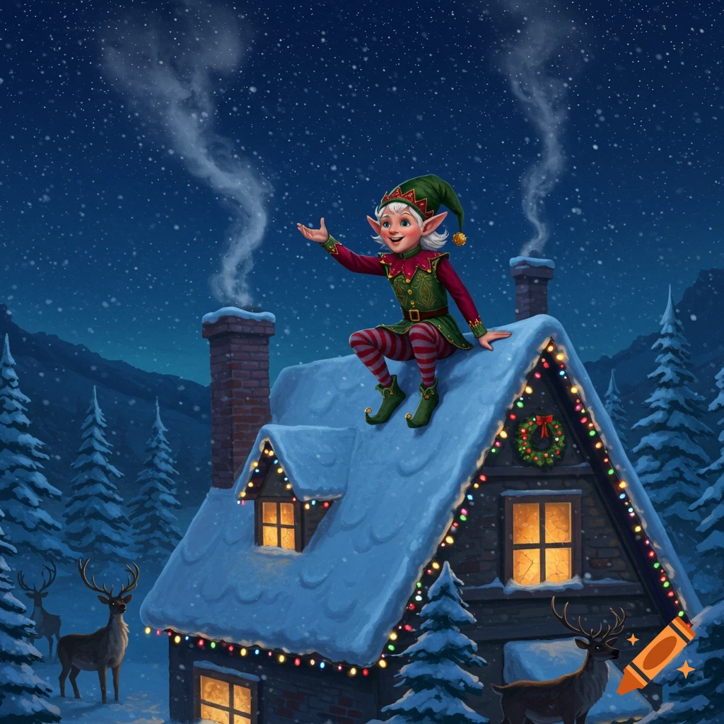 Illustrated scene of adults and children gathered around a Santa-like ...