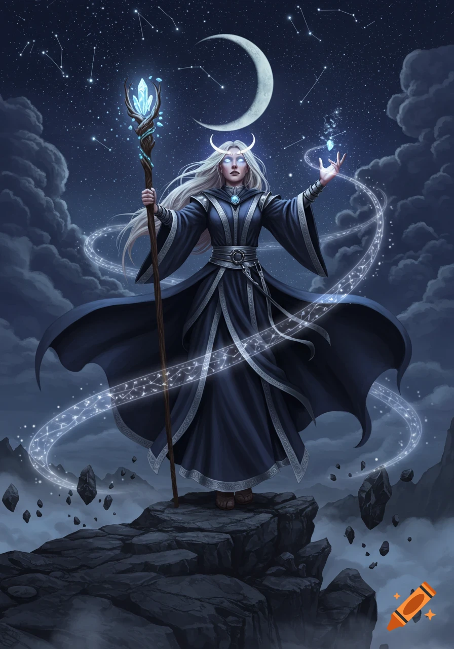 A robed figure with glowing blue eyes and a staff stands on a desert ...