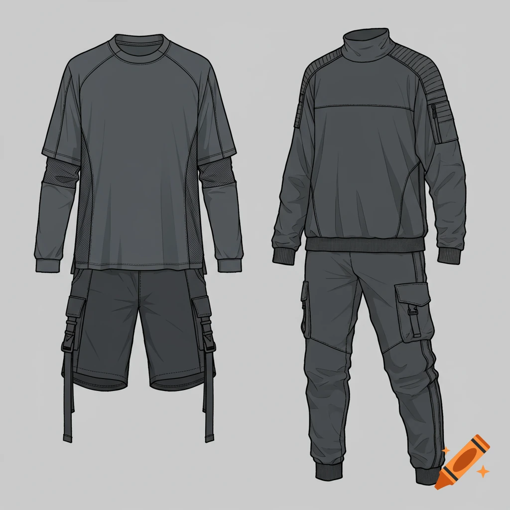 A split clothing item, with a distressed blue-grey sweater on the left ...