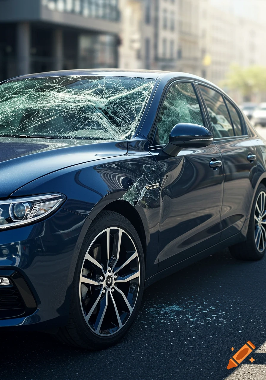 Dark blue sedan with a heavily shattered windshield and damaged front ...
