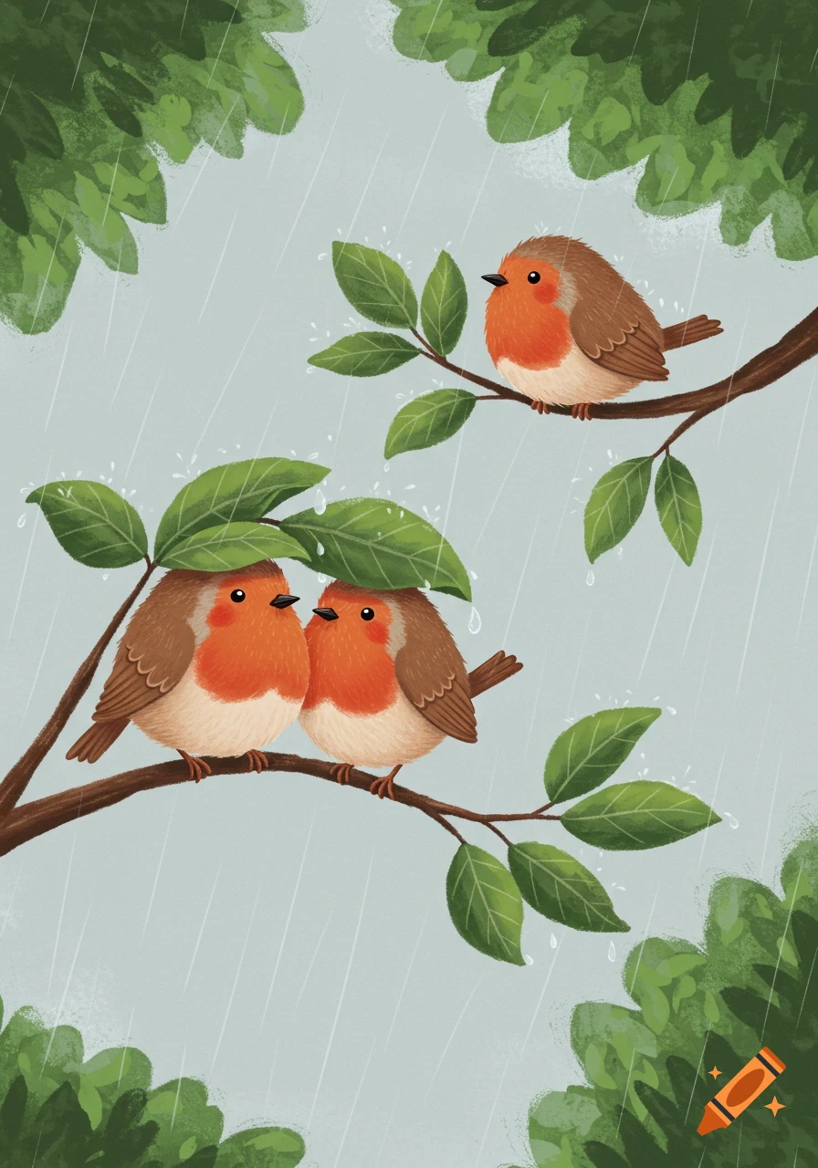 Three cute cartoon robins on a tree branch in the rain, two sheltering ...