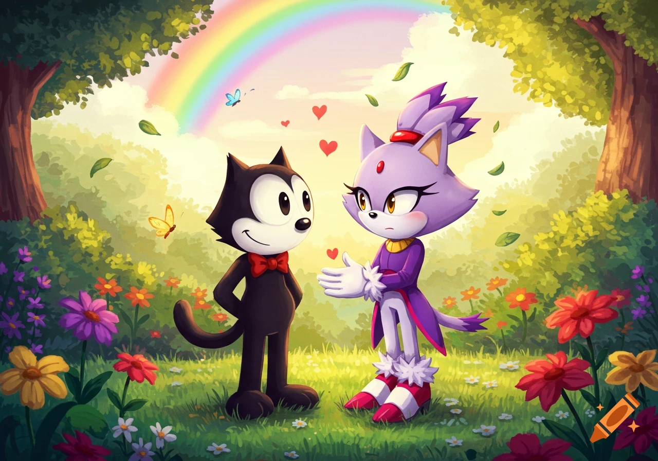 Felix the Cat and purple Blaze the Cat holding hands in a romantic ...