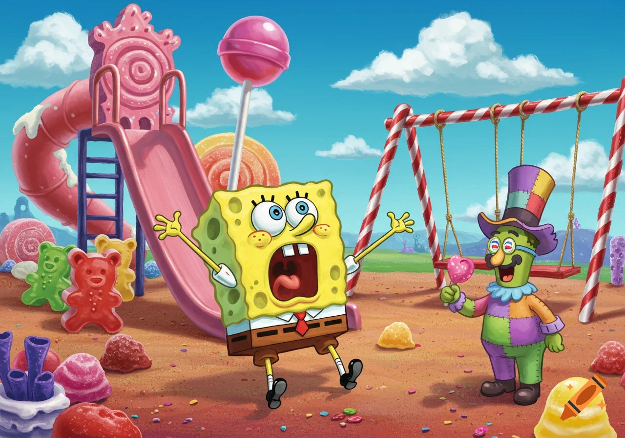 SpongeBob SquarePants screams with wide eyes at a clown holding a heart ...