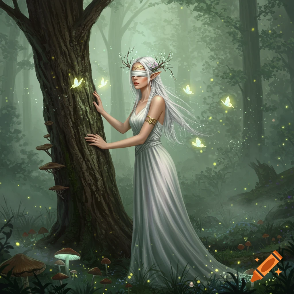 A beautiful Sylvan elf in a green dress stands in an enchanted forest ...