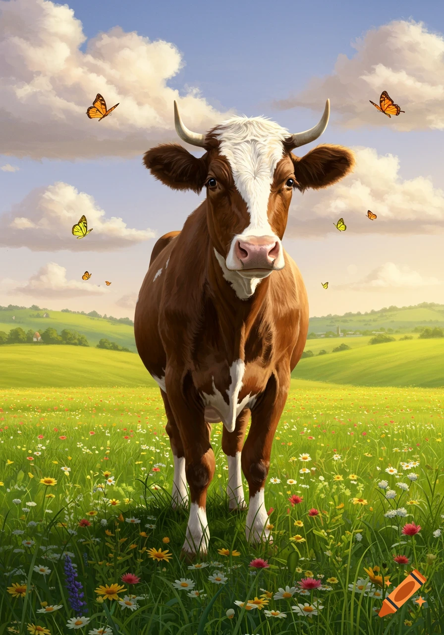 A sickly brown calf with a white face stands on a plain background ...