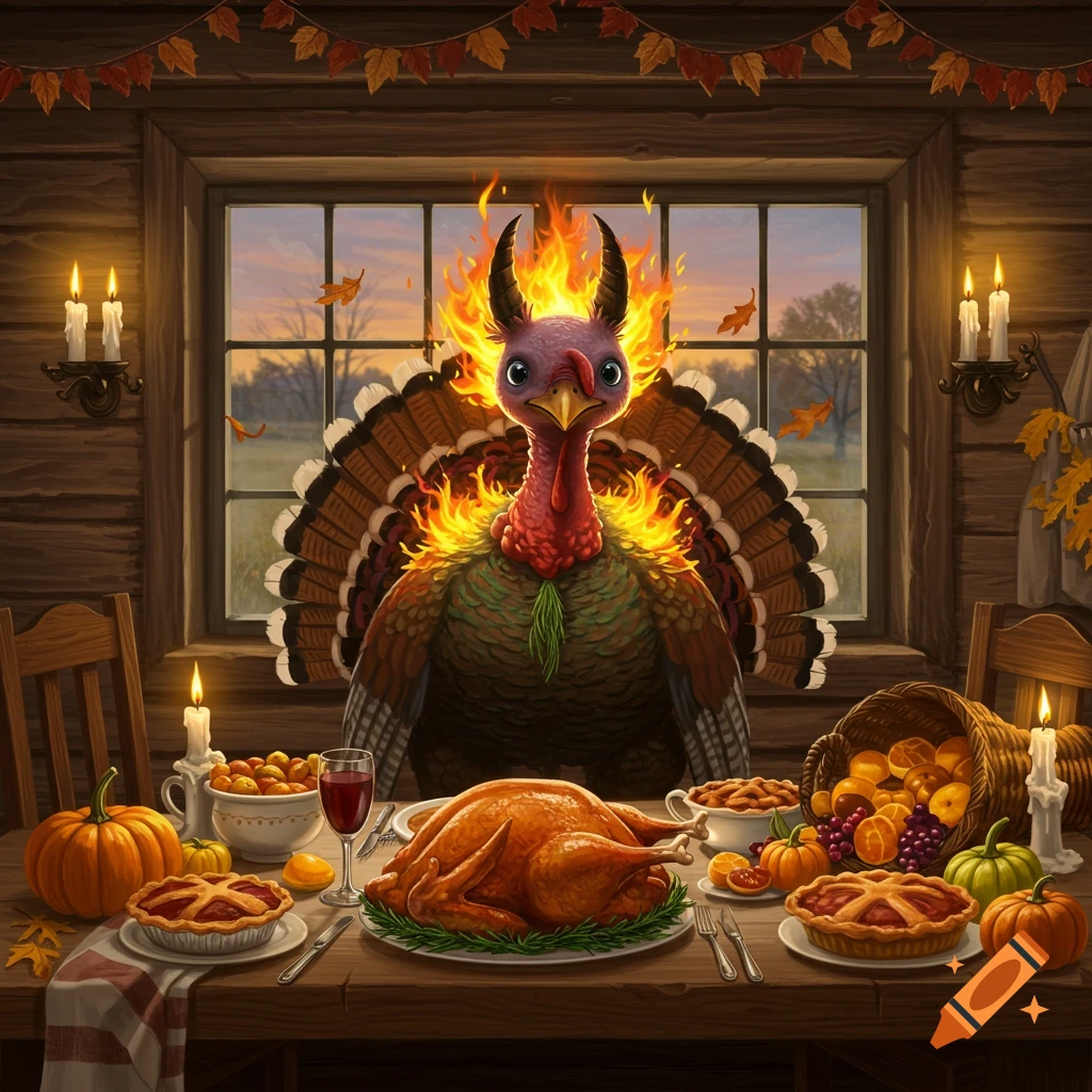 A fantastical horned turkey with flames around its head stands on a ...