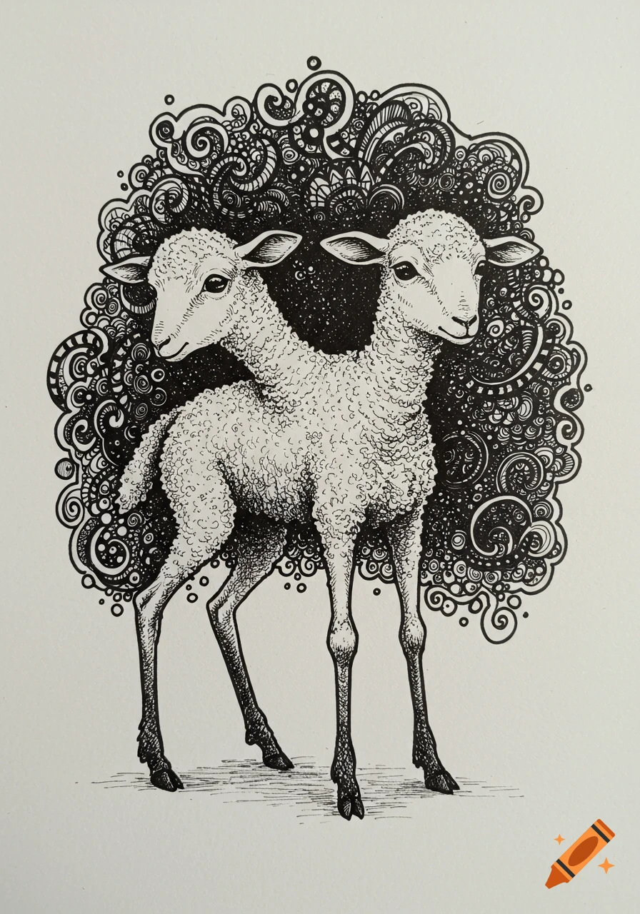 Black and white ballpoint pen drawing of a lamb with a hybrid ...