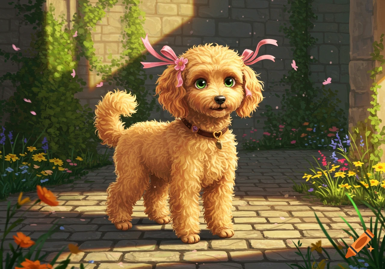 A cute, fluffy light brown cockapoo puppy with green eyes and pink bows ...