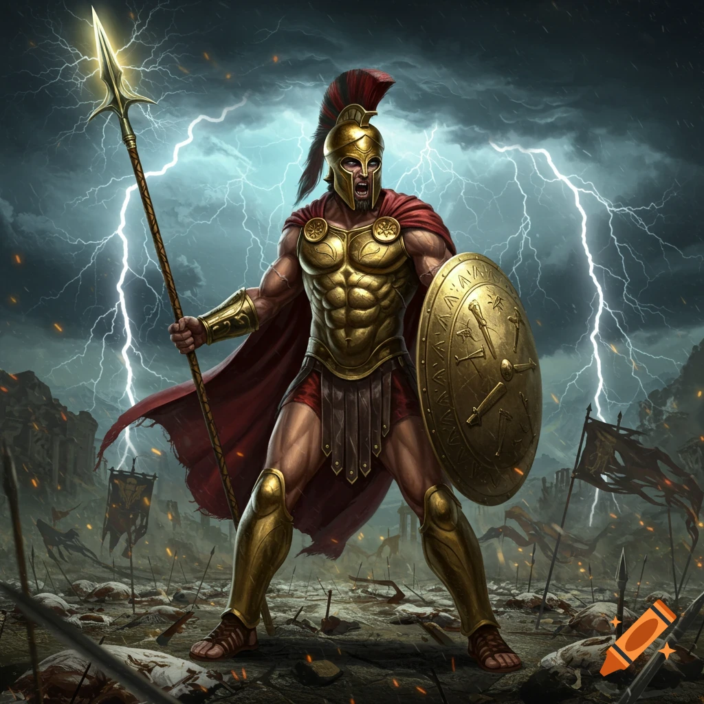 A powerful female warrior in golden armor and red cape holds two swords ...