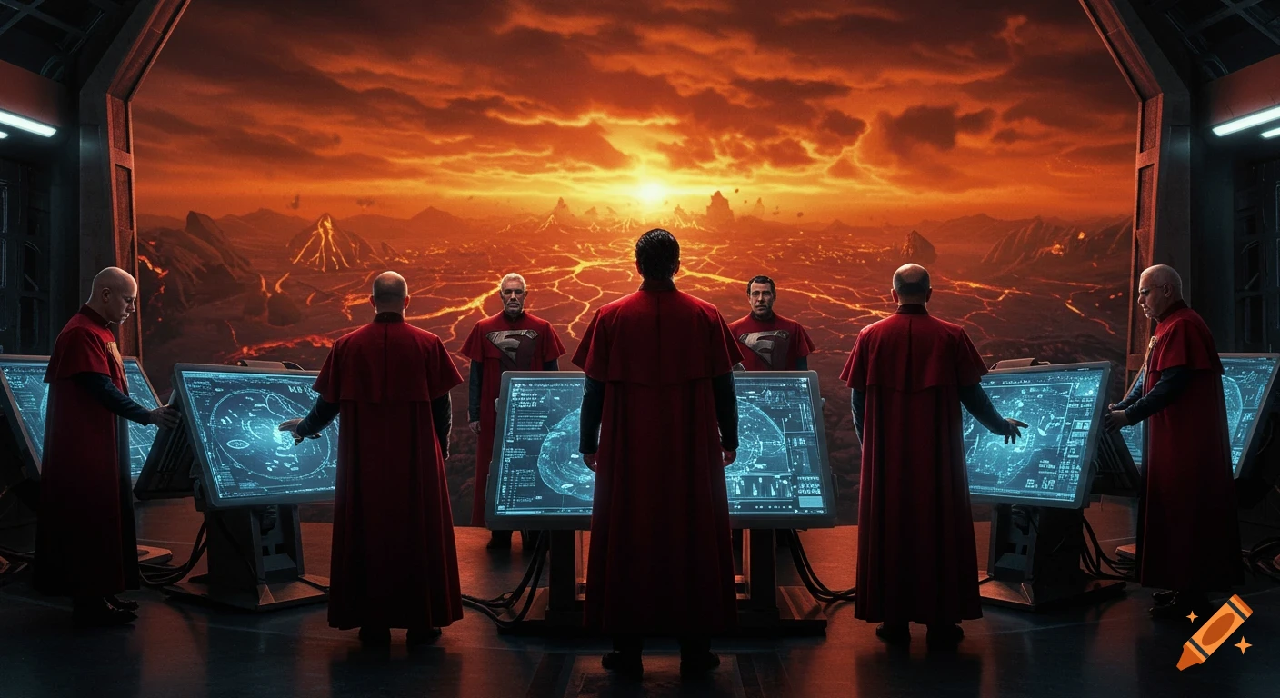 Men in red cloaks in a futuristic command center, viewing glowing ...