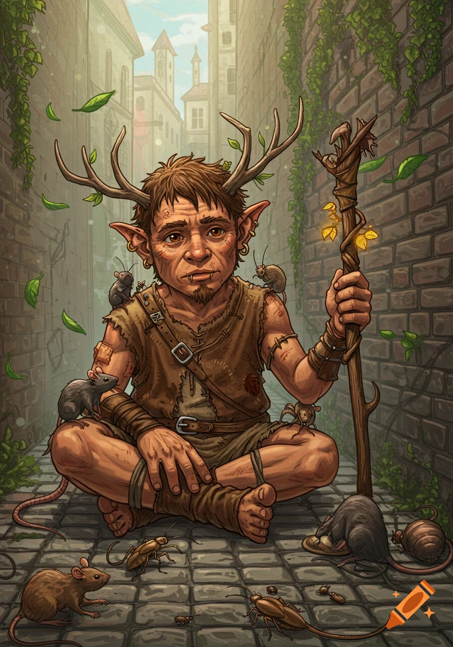 A fantasy halfling druid with antlers and pointed ears sits cross ...