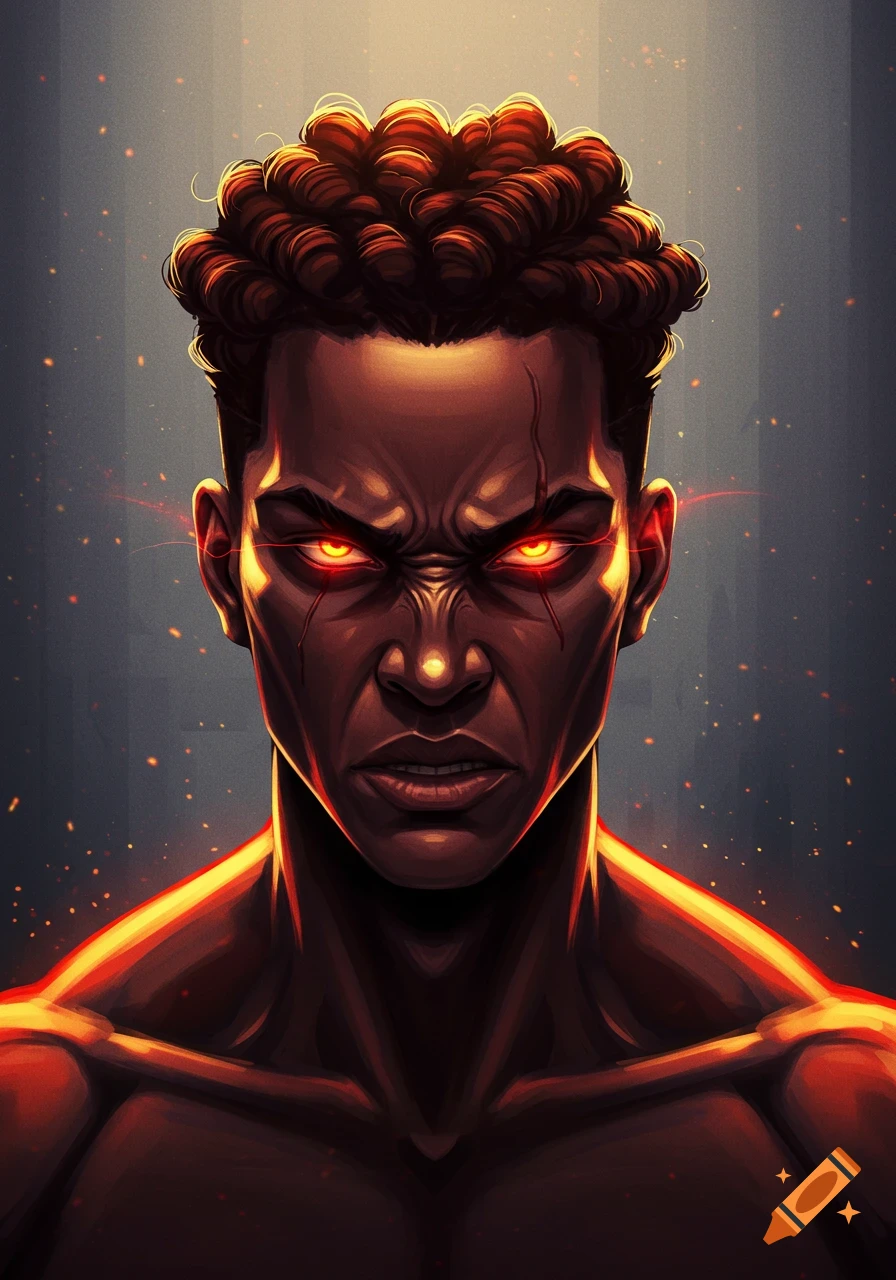 A muscular, dark-skinned man with an angry expression and glowing red ...