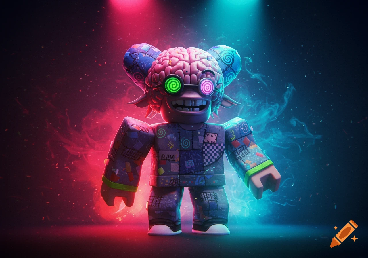 A stylized alien with glowing eyes crawls between two Pac-Man-like ...