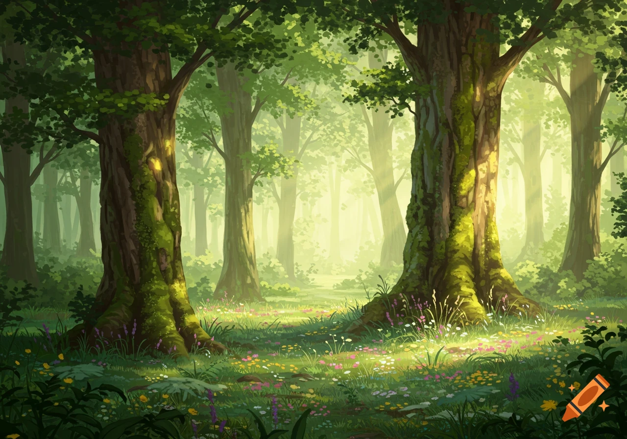 A vibrant, stylized dark blue rainforest scene with tall mossy trees, a ...