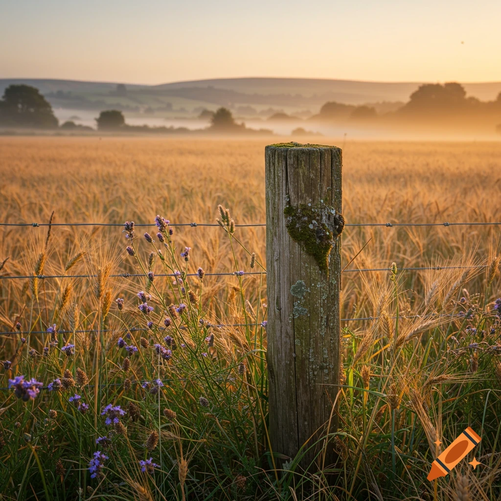 Photorealistic image of a weathered fence post and barbed wire in a ...