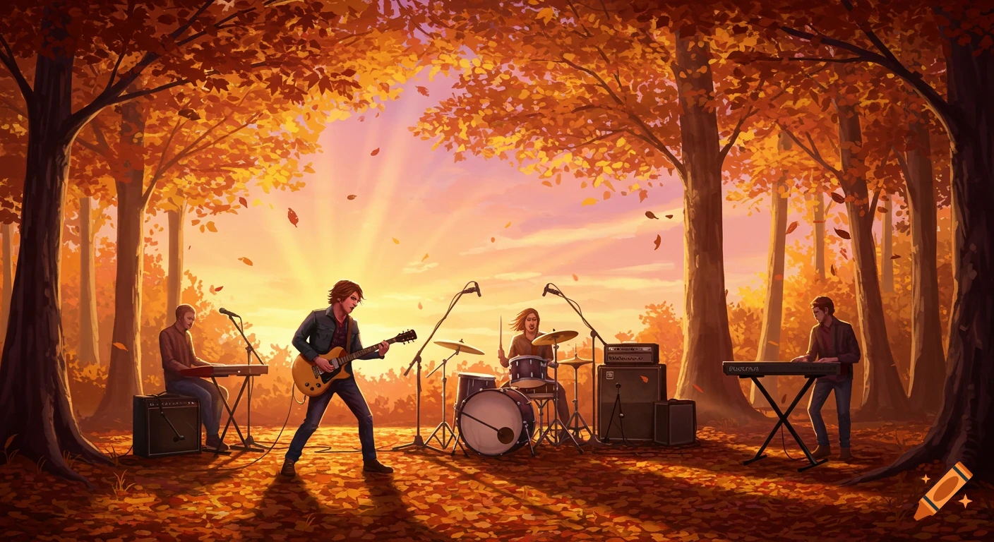 A rock band plays in a vibrant autumn forest with golden leaves and a ...