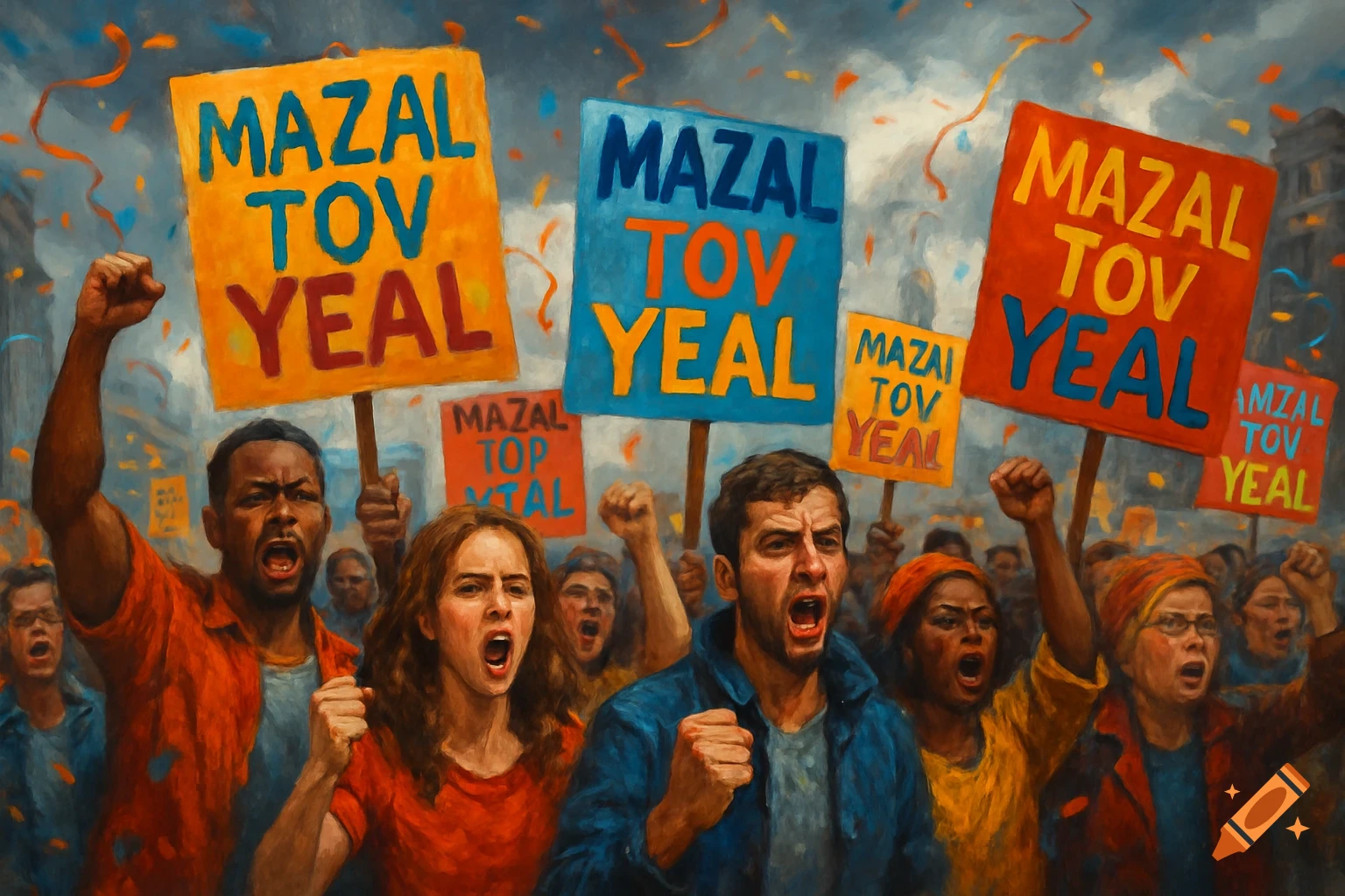 An oil painting depicts a diverse crowd of protesters yelling and ...